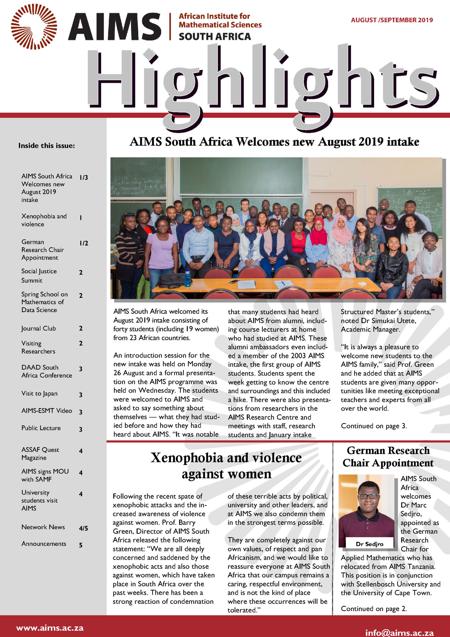 AIMS South Africa Newsletter August/September 2019 – AIMS South Africa AIMS South Africa Newsletter August/September 2019 – AIMS South Africa